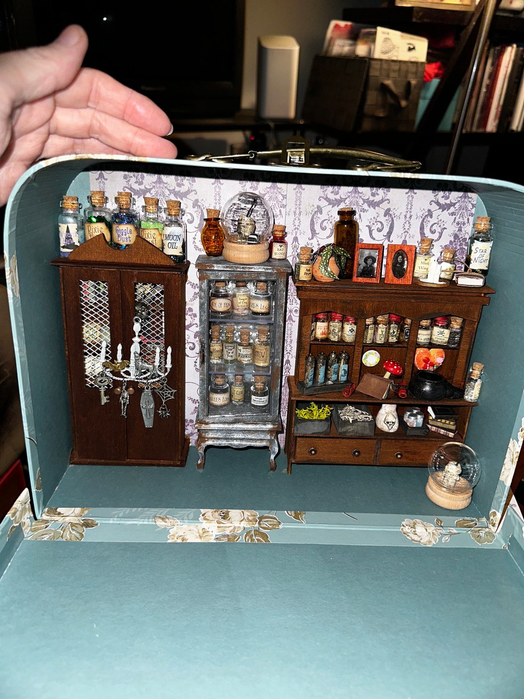 Witches Apothecary in French Blue Floral Suitcase 12"x8.75"x3.75" OOAK ...