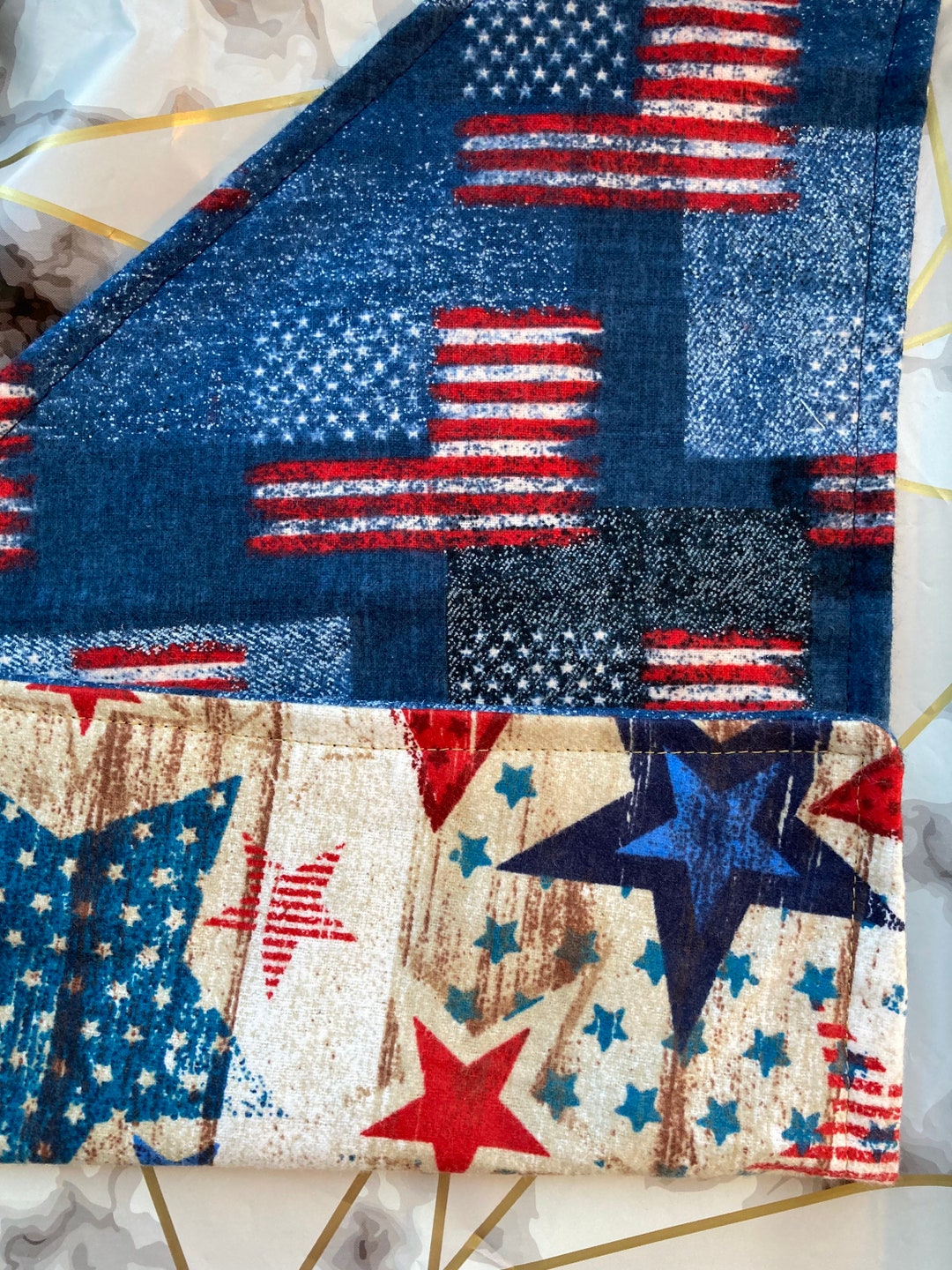 Patriotic Denim Patchwork American Flag & Stars on Wood Flannel Cotton ...