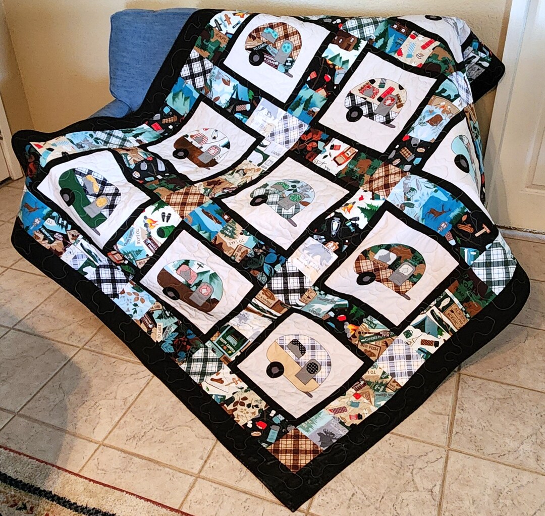 Handmade Camping Theme Lap Quilt With Appliqued Retro Campers, Camper ...