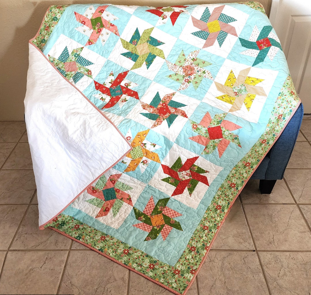 Pinwheel Lap Quilt, Handmade Large Lap Quilt, Picnic Quilt, Springtime ...
