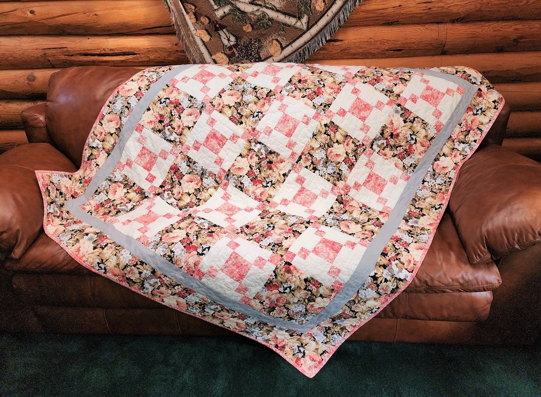 Pretty Peach Floral Irish Chain Lap Quilt, Handmade Cotton Quilt, Irish ...