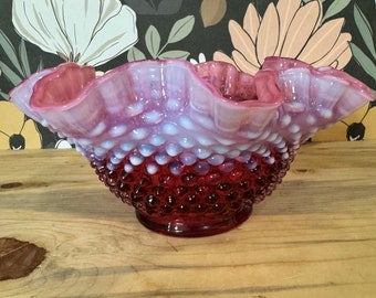 Fenton Glass Hobnail Style Cranberry Opalescent Ruffled Rim Large Bowl ...