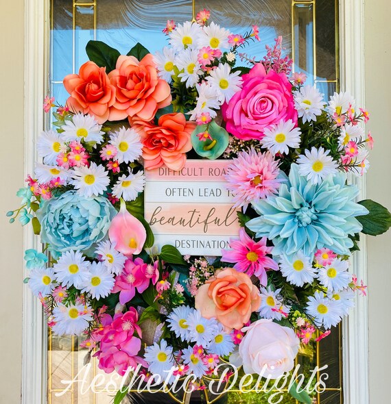 Beautiful Destinations Wreath Floral Wreath Blue Pink & | Etsy