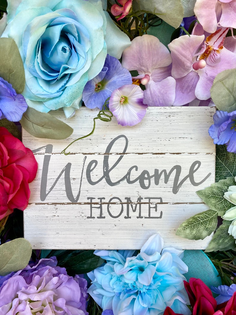 Welcome Home Floral Wreath, Purple & Blue Palette - Etsy