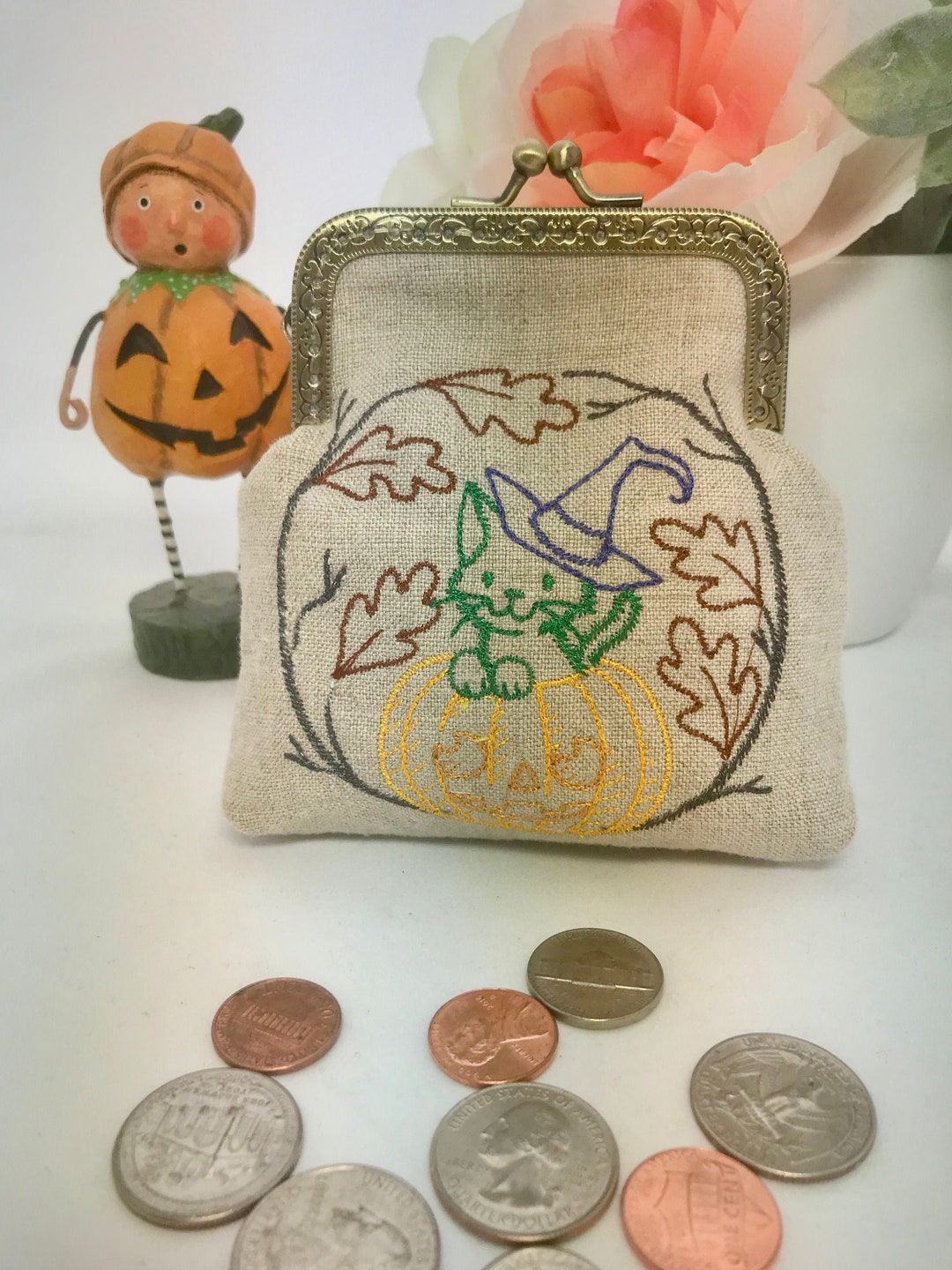 Halloween Coin Purse/ Embroidered Kiity in Pumpkin/ Clasp Lock Pouch - Etsy