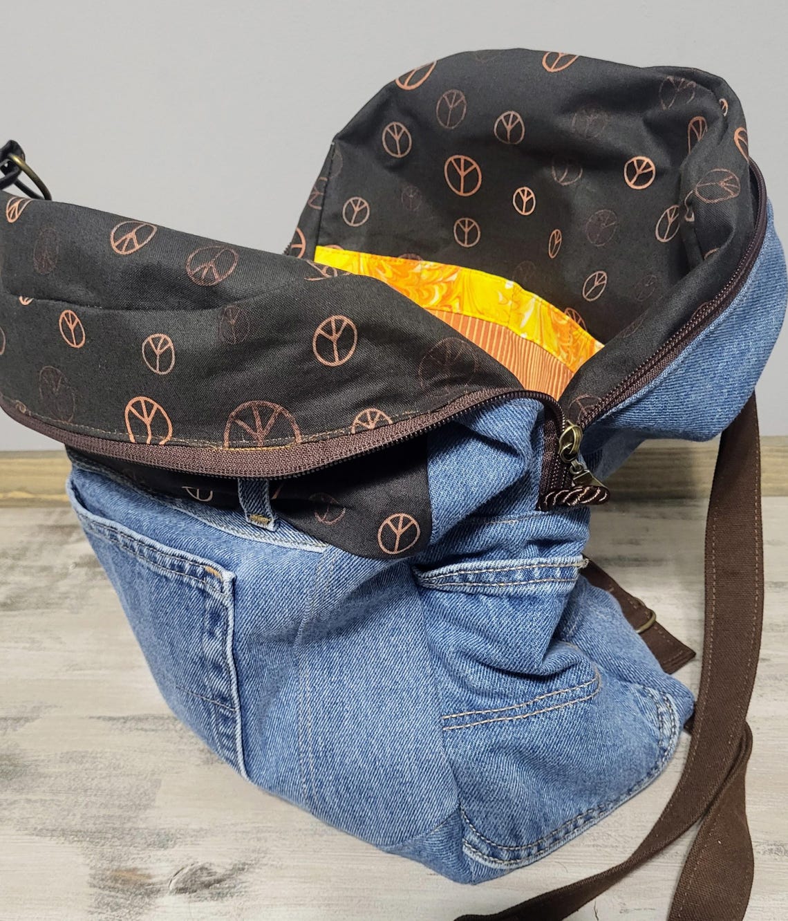 Upcycled Denim Peace Sign Backpack With Wristlet & Pouch - Etsy
