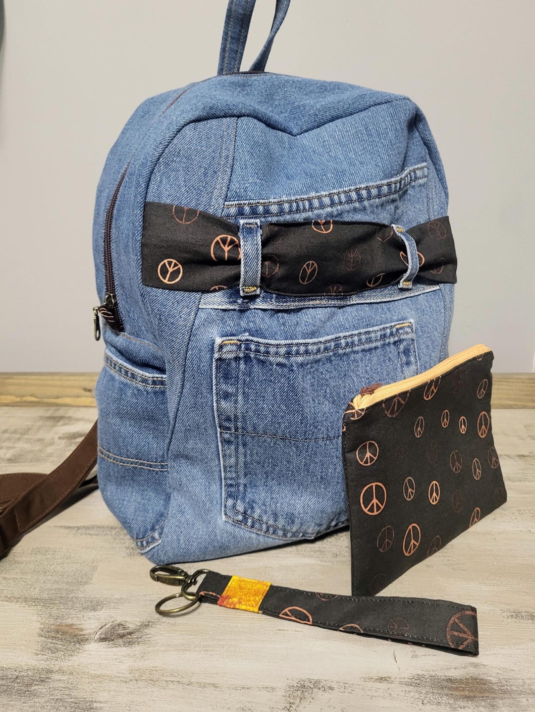 Upcycled Denim Peace Sign Backpack With Wristlet & Pouch - Etsy