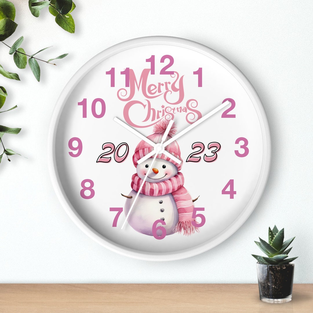 Merry Christmas Wall Clock Snowman Clock Pink Christmas - Etsy