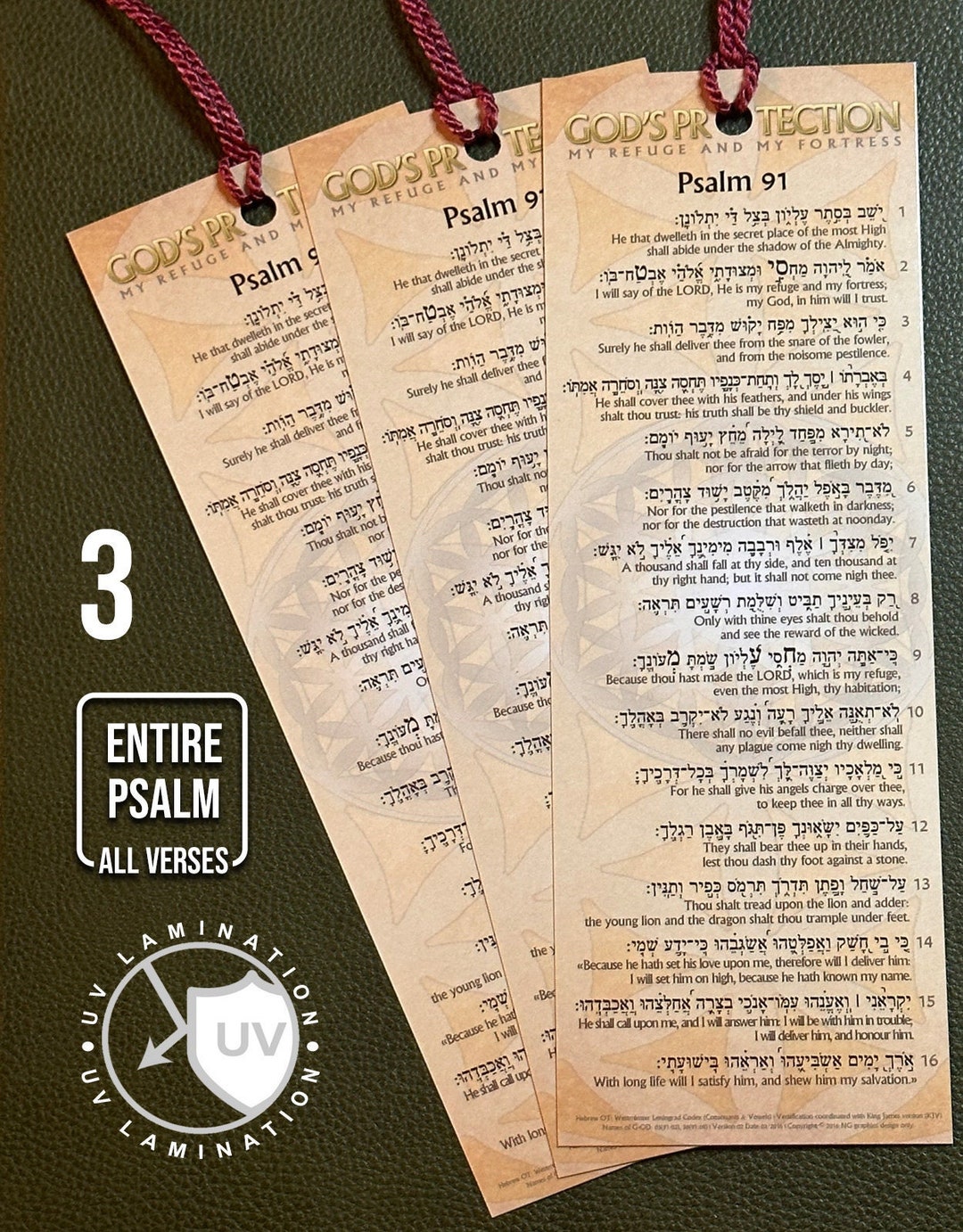 Set of (3) Psalm 91 "god's Protection" (3) Bookmarks - English & Hebrew ...