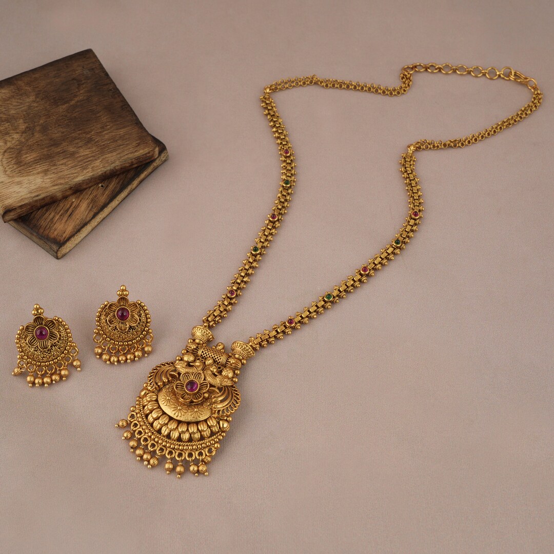 Indian Gold Necklace Set , Indian Wedding Set, Antique Gold Plated Long ...