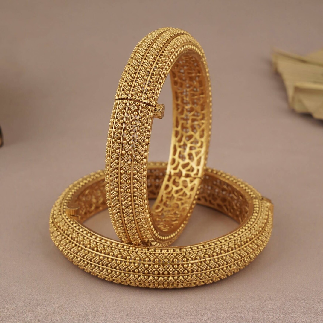 Indian Gold Bangle, Indian Wedding Set, Traditional Gold Openable ...