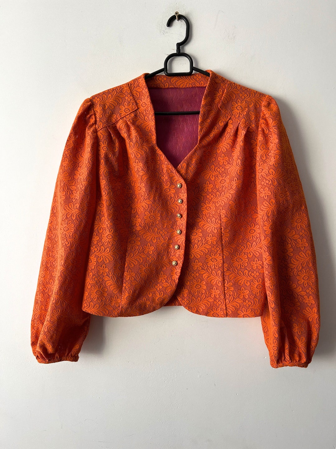 70s Crimple Blouse Retro Womens Formal Blouse Orange Flowers Print ...