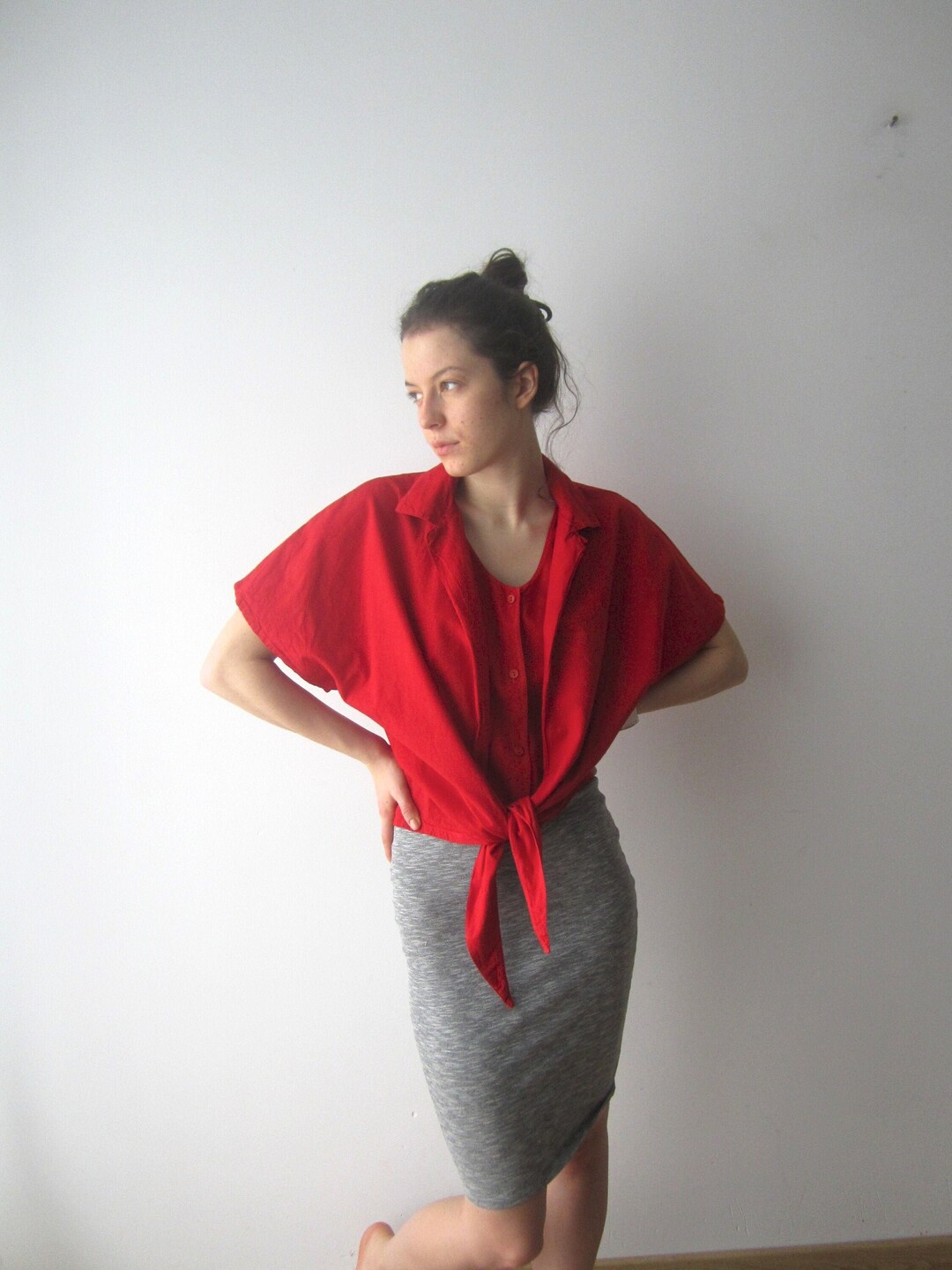 Vintage 90s Women's Midriff Shirt Short Sleeve Button up Red Shirt ...