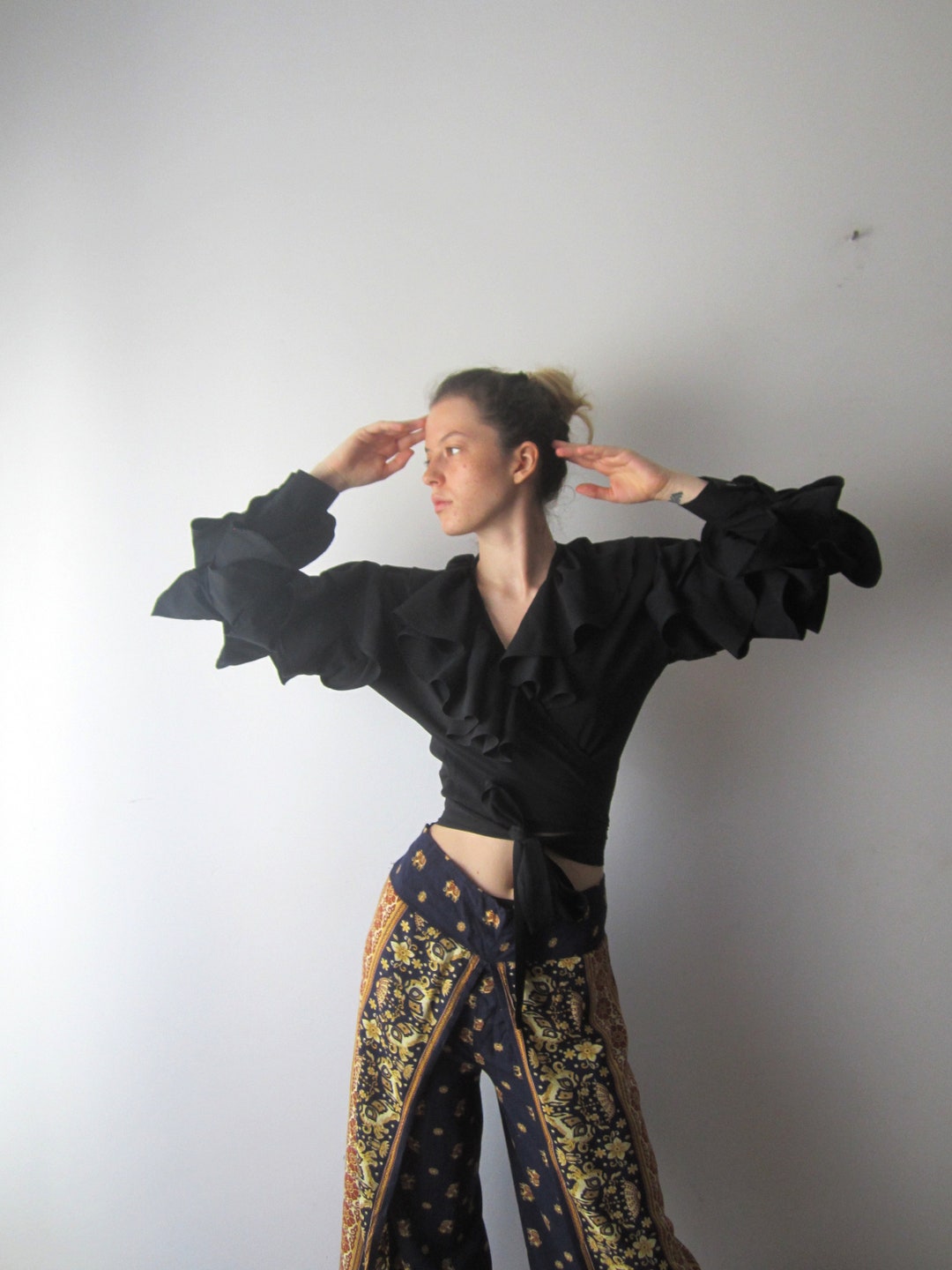 Vintage Women's Midriff Shirt Black Tango Dancing Blouse Long Frill ...