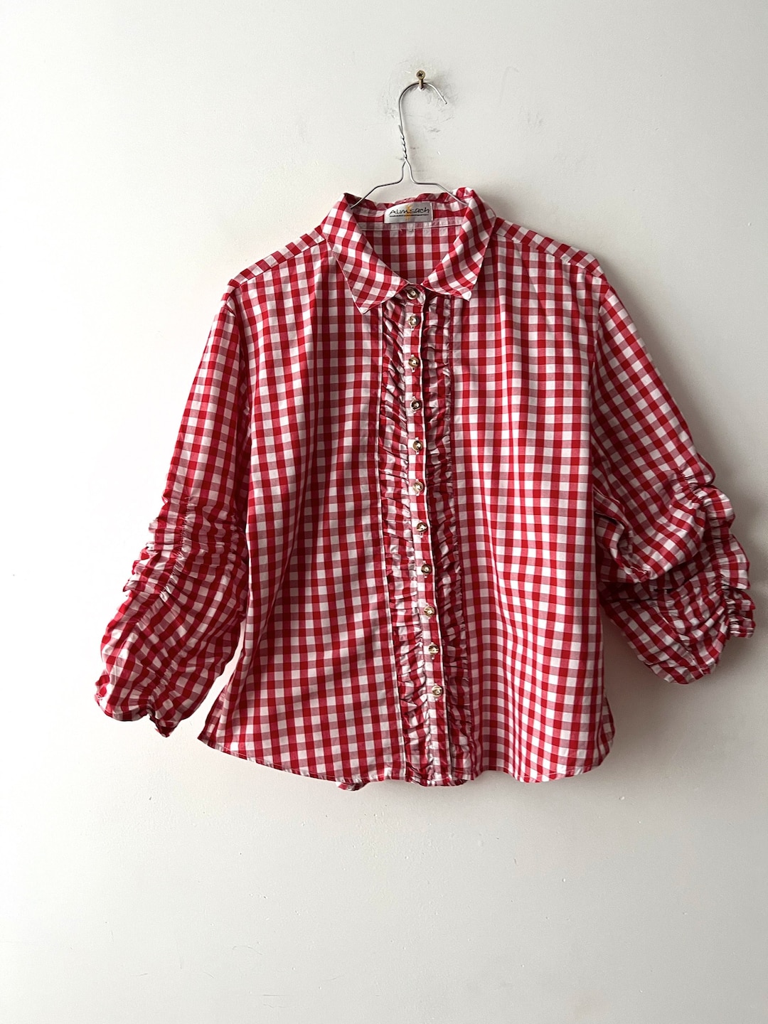 Vintage Austrian Plaid Shirt Women's Dirndl Blouse Quarter Sleeve Shirt ...