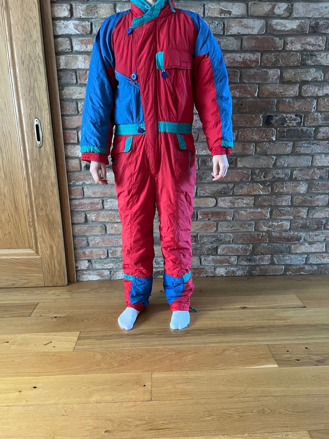 Vintage Red Blue Men's Ski Suit Red One Piece Winter Ski Suit Retro ...
