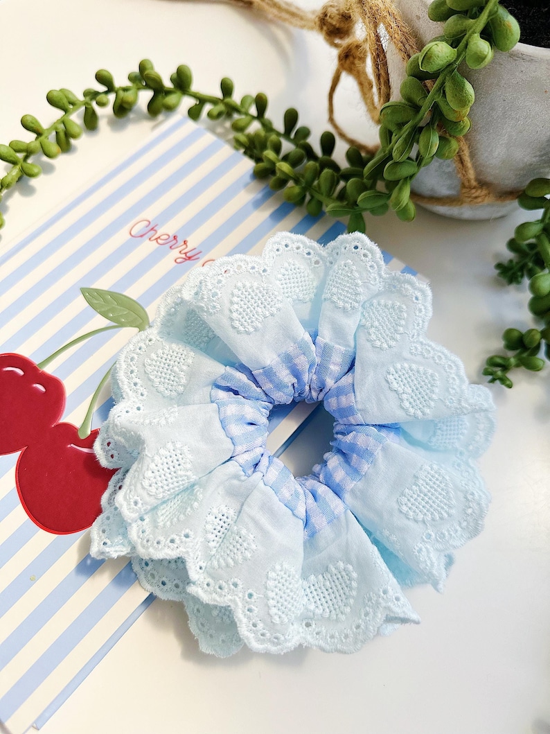 Oversized Blue Gingham Scrunchies, Hearts Broderie Anglaise Lace Jumbo ...