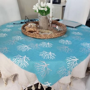 Aqua Blue Table Square Overlay Nautical Coral Reef Linens Table ...
