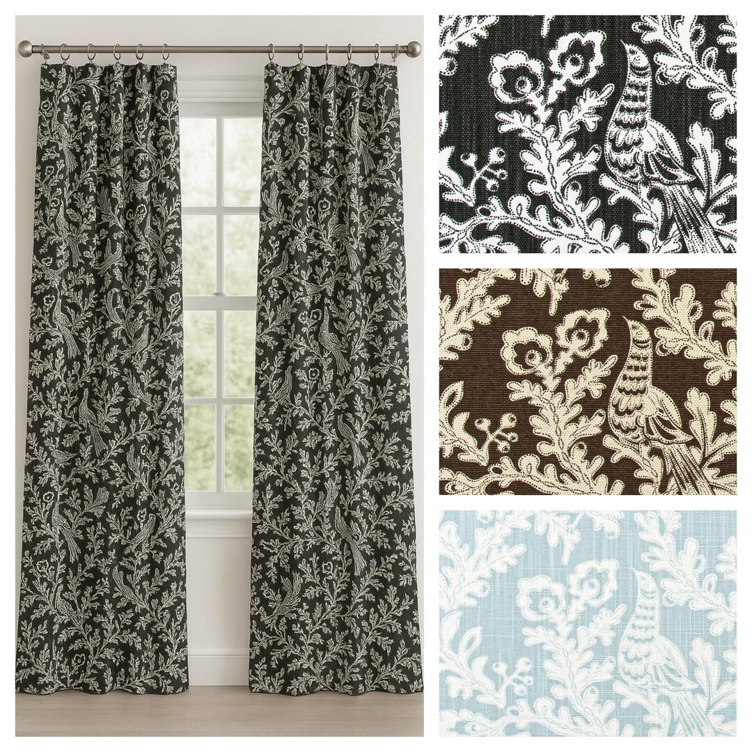 Bird Toile Curtains French Colonial Home Decor Black Brown Blue Ornate ...