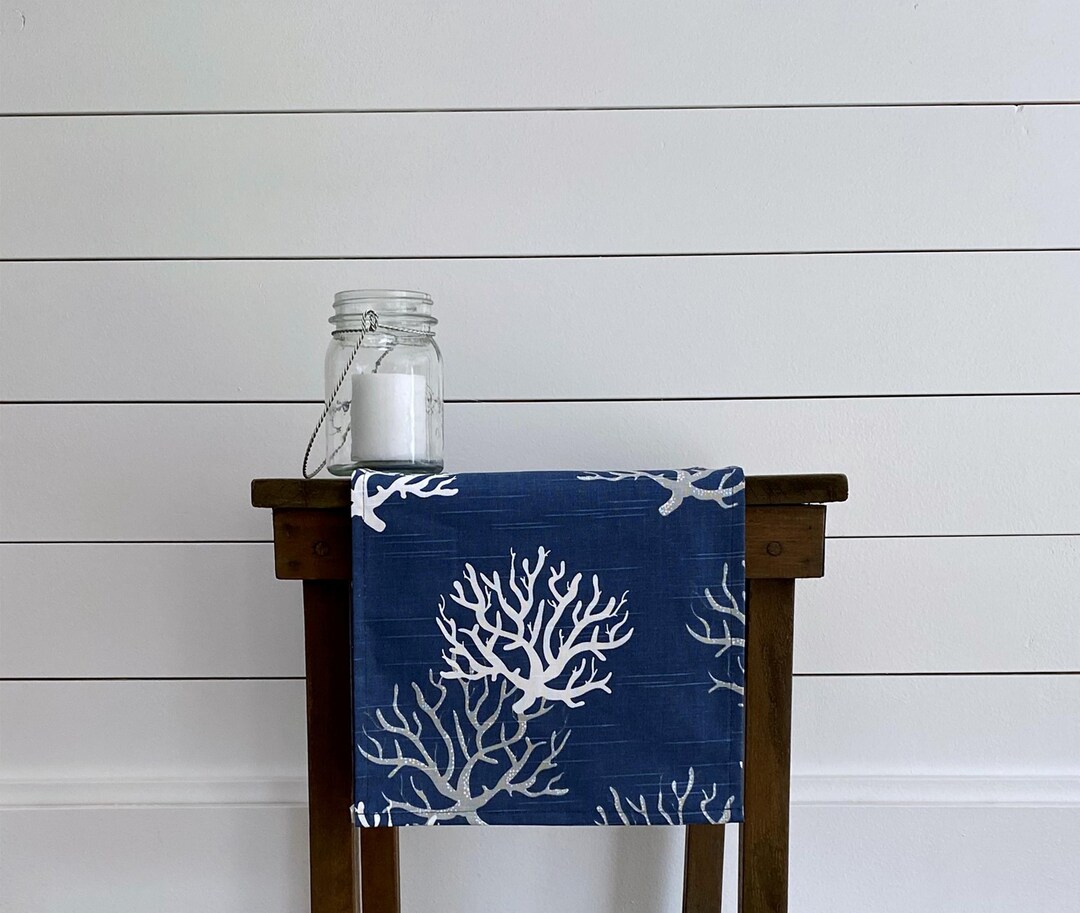 Nautical Table Runner Indigo Navy Blue Coral Reef Centerpiece Sea Life ...