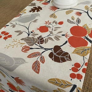 Autumn Fall Table Runner Orange Brown Leaves Bird Vine Folk Art Home ...