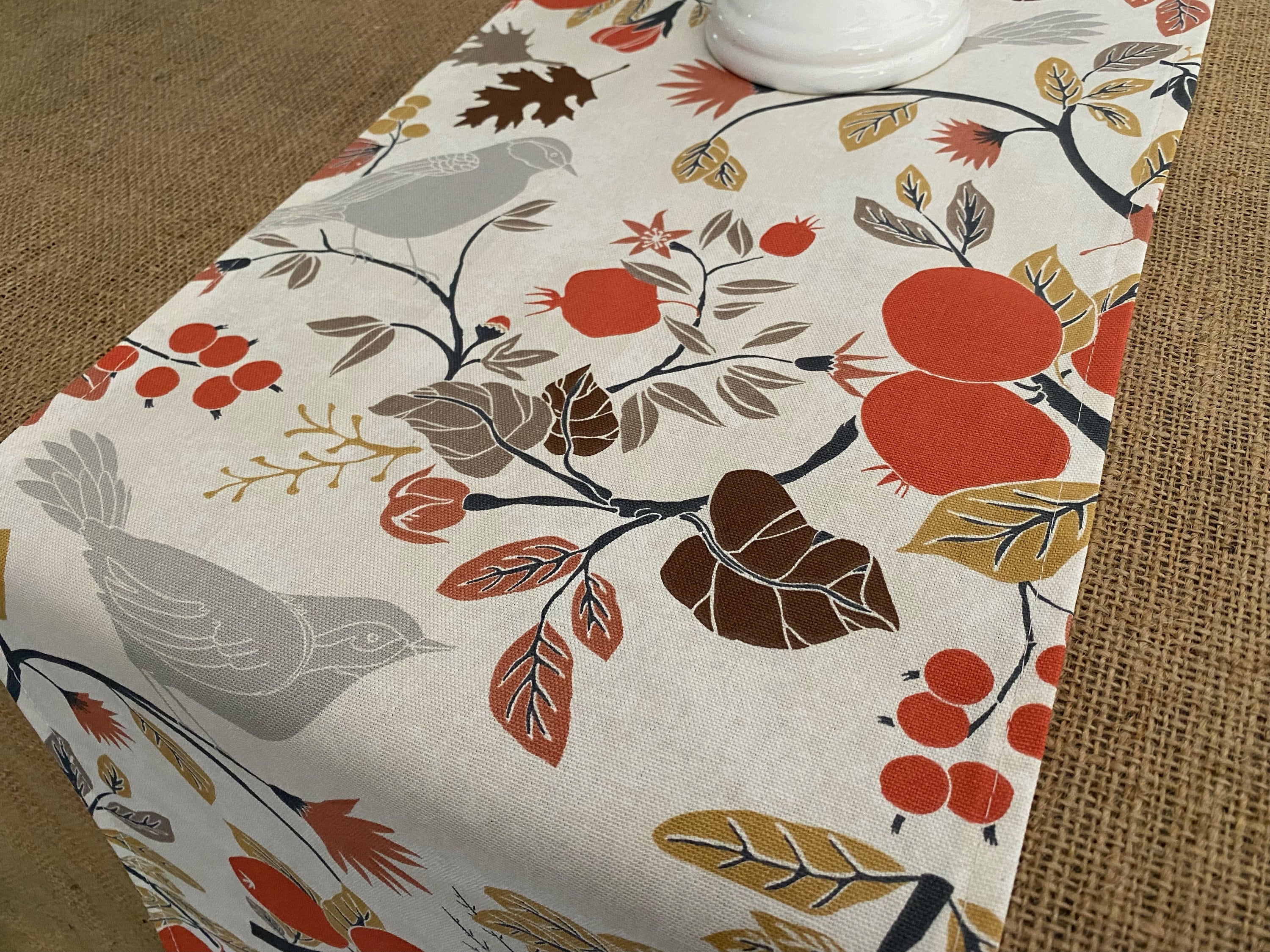 Autumn Fall Table Runner Orange Brown Leaves Bird Vine Folk Art Home ...