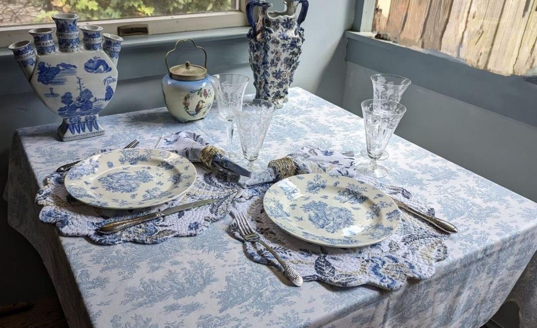 Light Blue Toile Tablecloth Table Cover Linen Toile Table Cloth ...