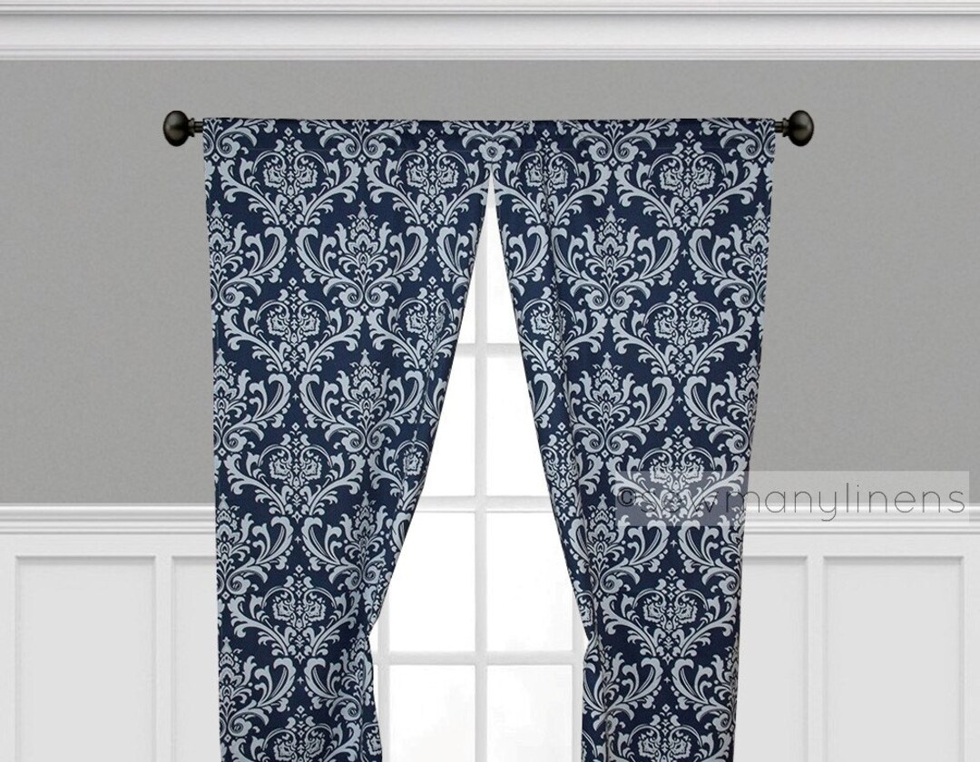 Navy Blue Curtain Panels Window Treatments Navy Floral Damask Curtains ...