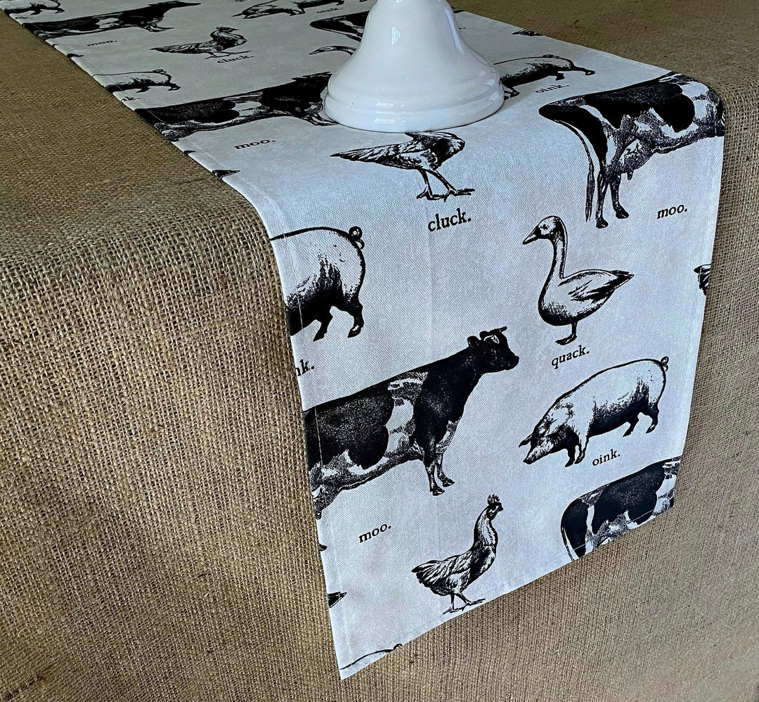Farmhouse Table Runner Farm Animal Decor Cow Chicken Pig Vintage ...