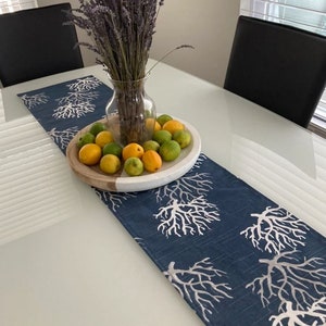 Nautical Table Runner Indigo Navy Blue Coral Reef Centerpiece Sea Life ...