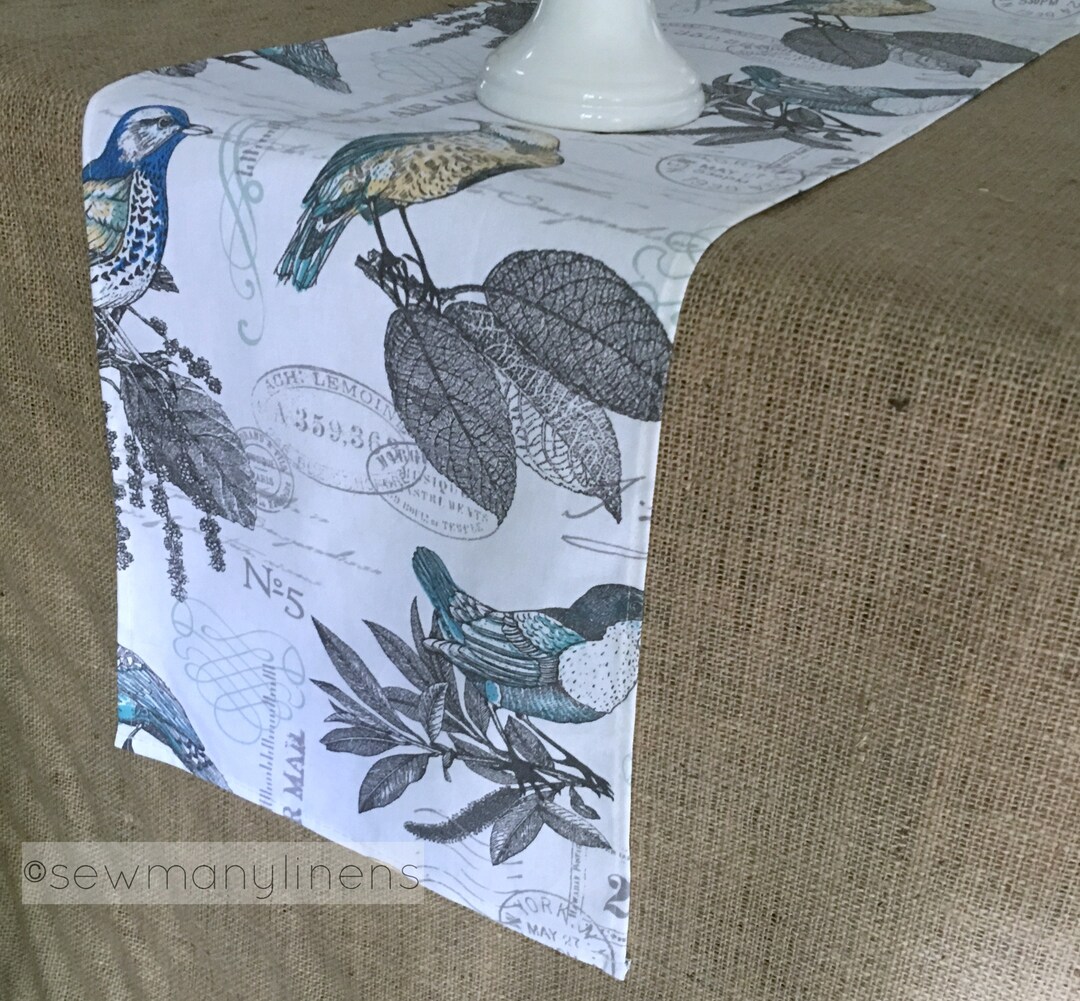 Bird Table Runner Nature Rustic Home Decor Turquoise Gray Table Runner ...