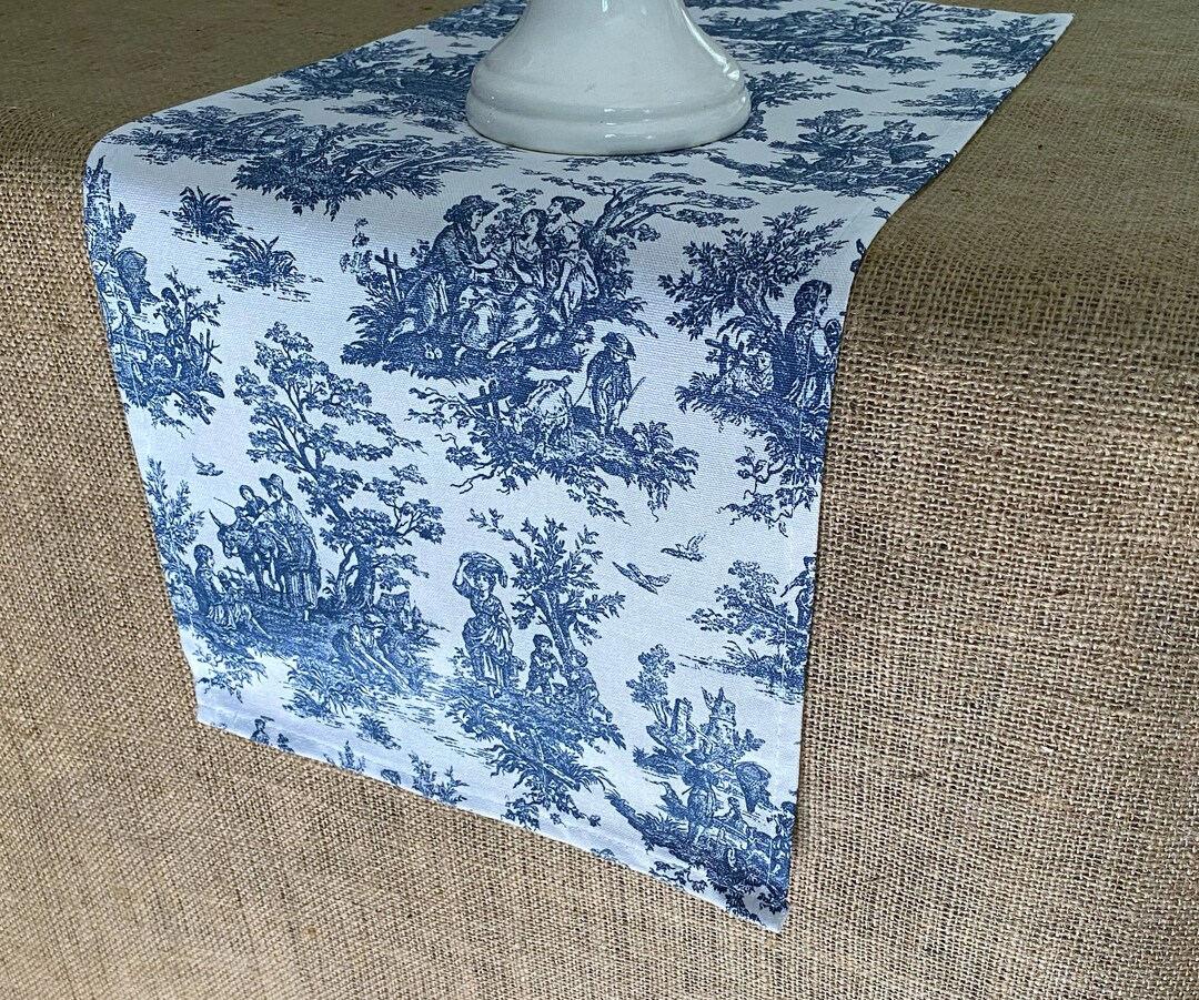 Dark Blue Toile Table Runner Centerpiece Traditional Linens Colonial ...
