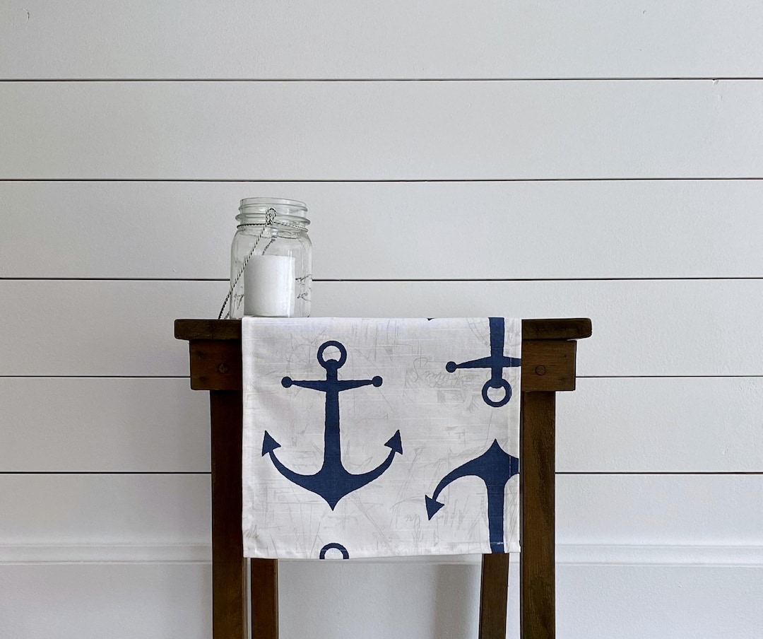 Navy Blue Table Runner Nautical Home Decor Coastal Living Anchor Decor ...
