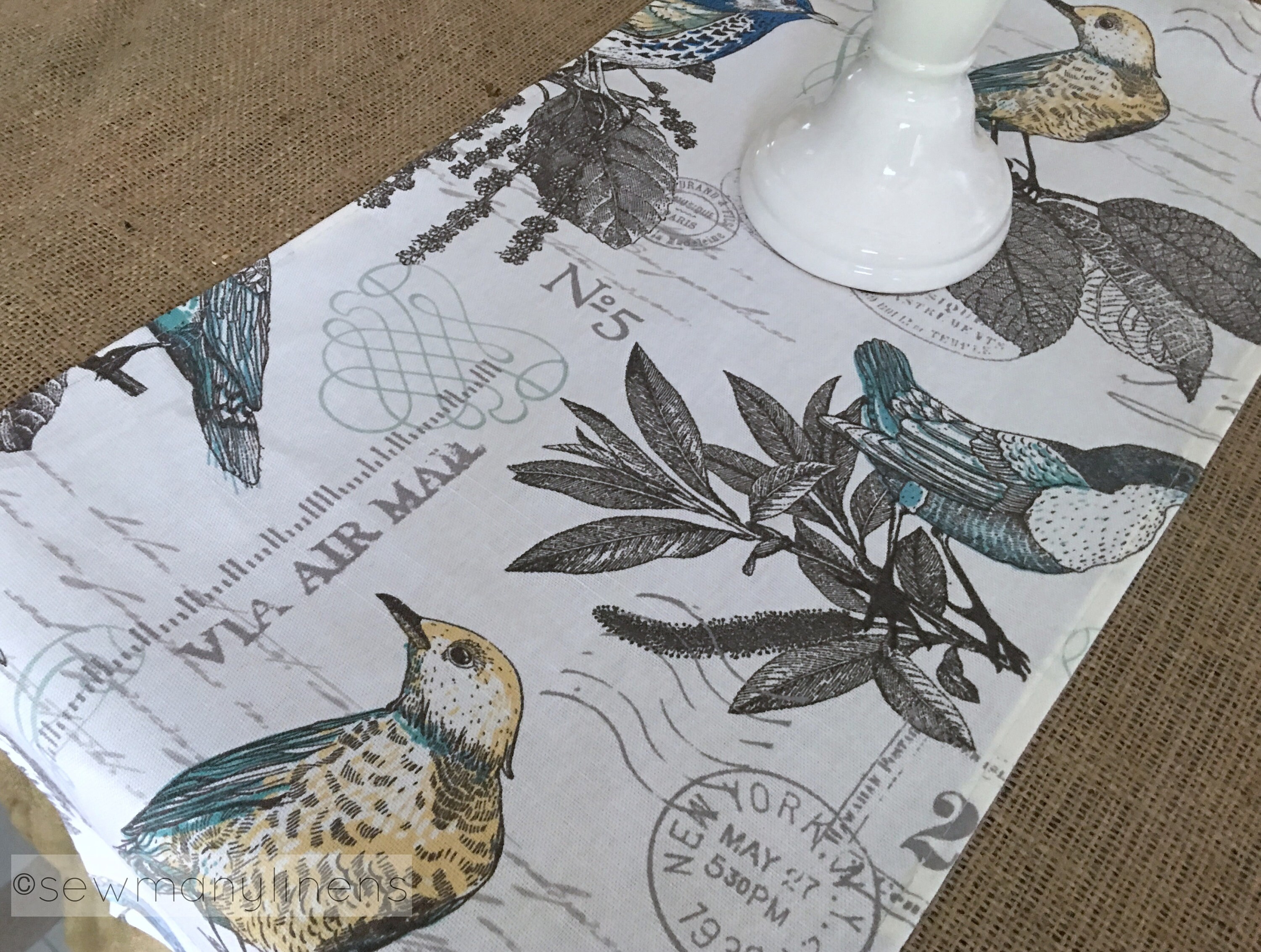 Bird Table Runner Nature Rustic Home Decor Turquoise Gray | Etsy