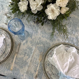 Light Blue Toile Tablecloth Table Cover Linen Toile Table Cloth ...
