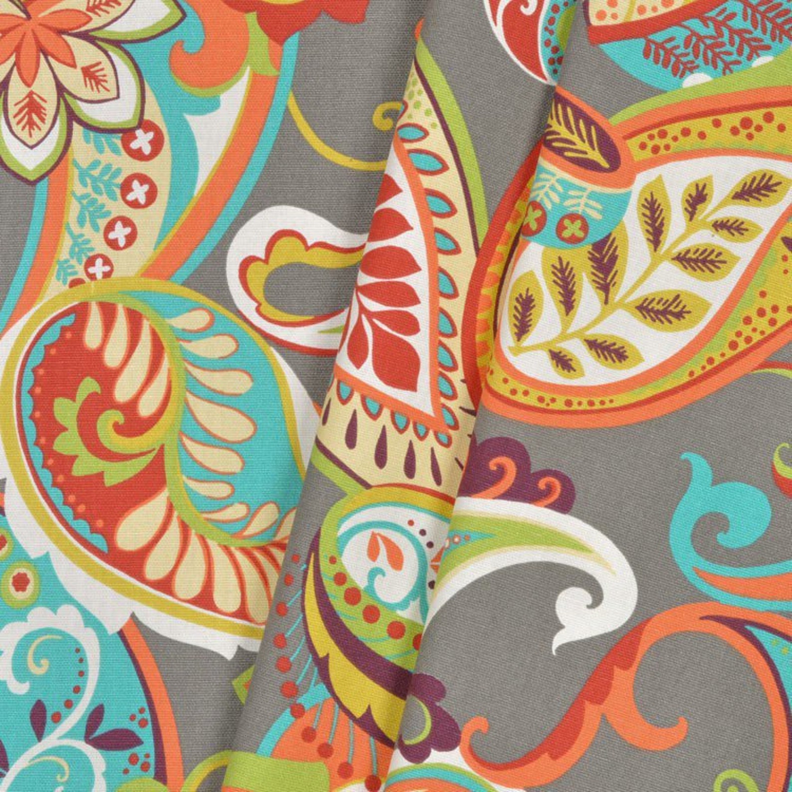 Colorful Paisley Fabric by the Yard Orange Gray Green Red - Etsy