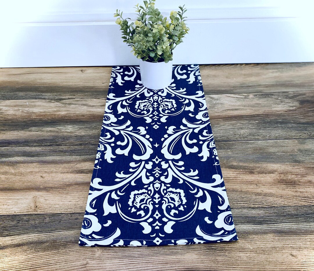 Navy Blue Table Runner Floral Damask Nautical Coastal Home Decor Dining ...
