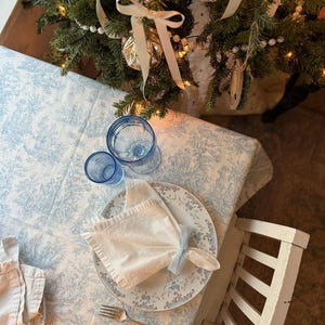 Light Blue Toile Tablecloth Table Cover Linen Toile Table Cloth ...