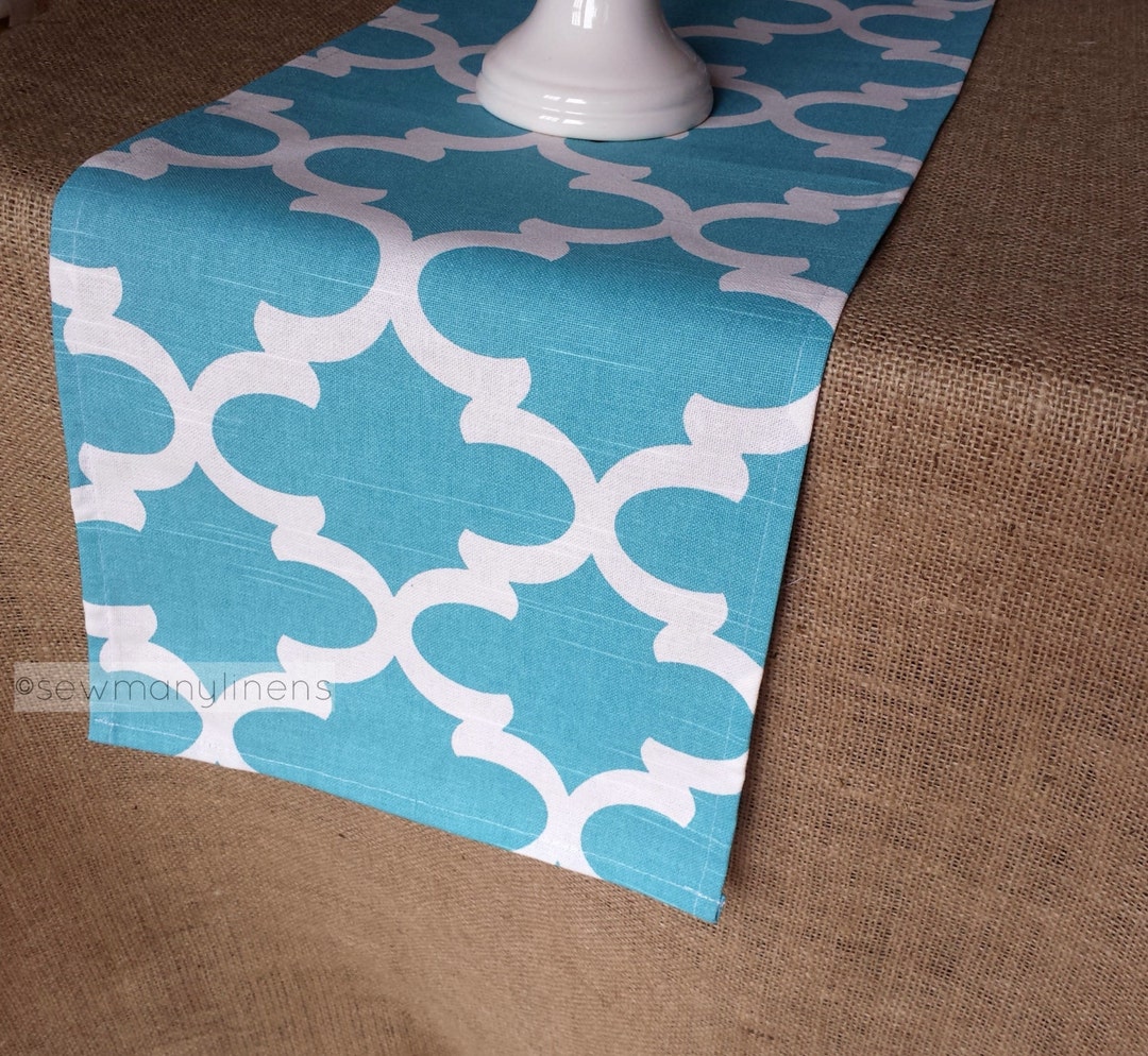Aqua Blue Table Runner Quatrefoil Moroccan Centerpiece Boho Dining Room ...