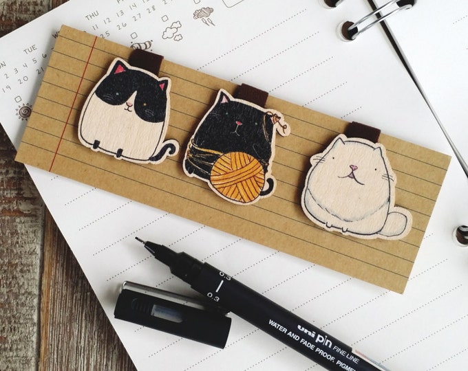 Cute Cat Wooden Magnetic Bookmark - Set of 3/ Christmas Gift/cat Lover ...