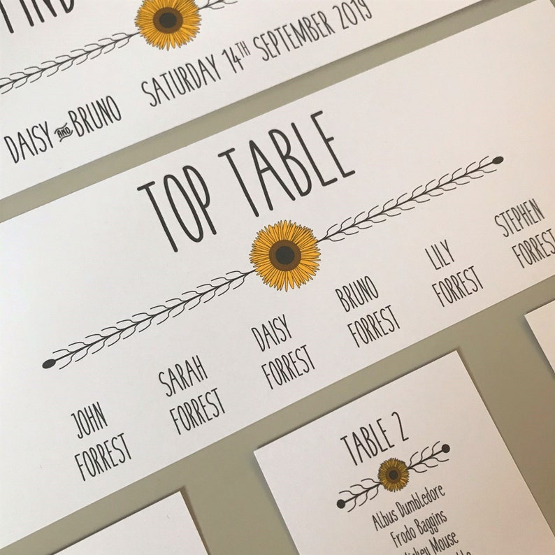 Sunflower Wedding Table Plan Individual Seating Plan Cards | Etsy