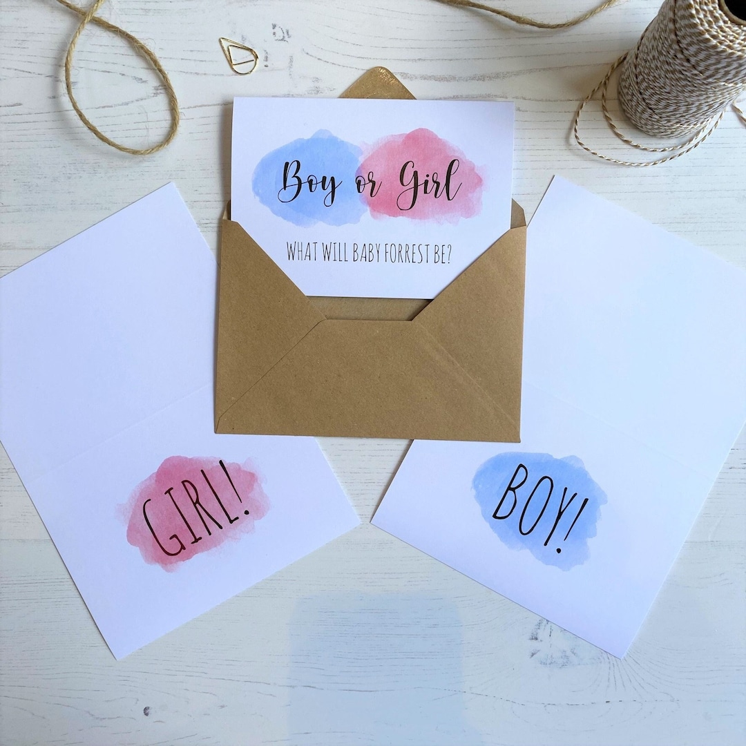 Gender Reveal Card, Surprise Baby Boy or Baby Girl Reveal, Watercolour ...