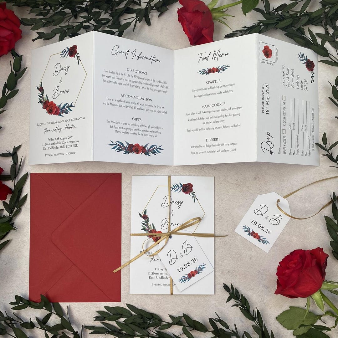 Floral Wedding Invitation Set With Red Roses | Romantic Winter Wedding ...