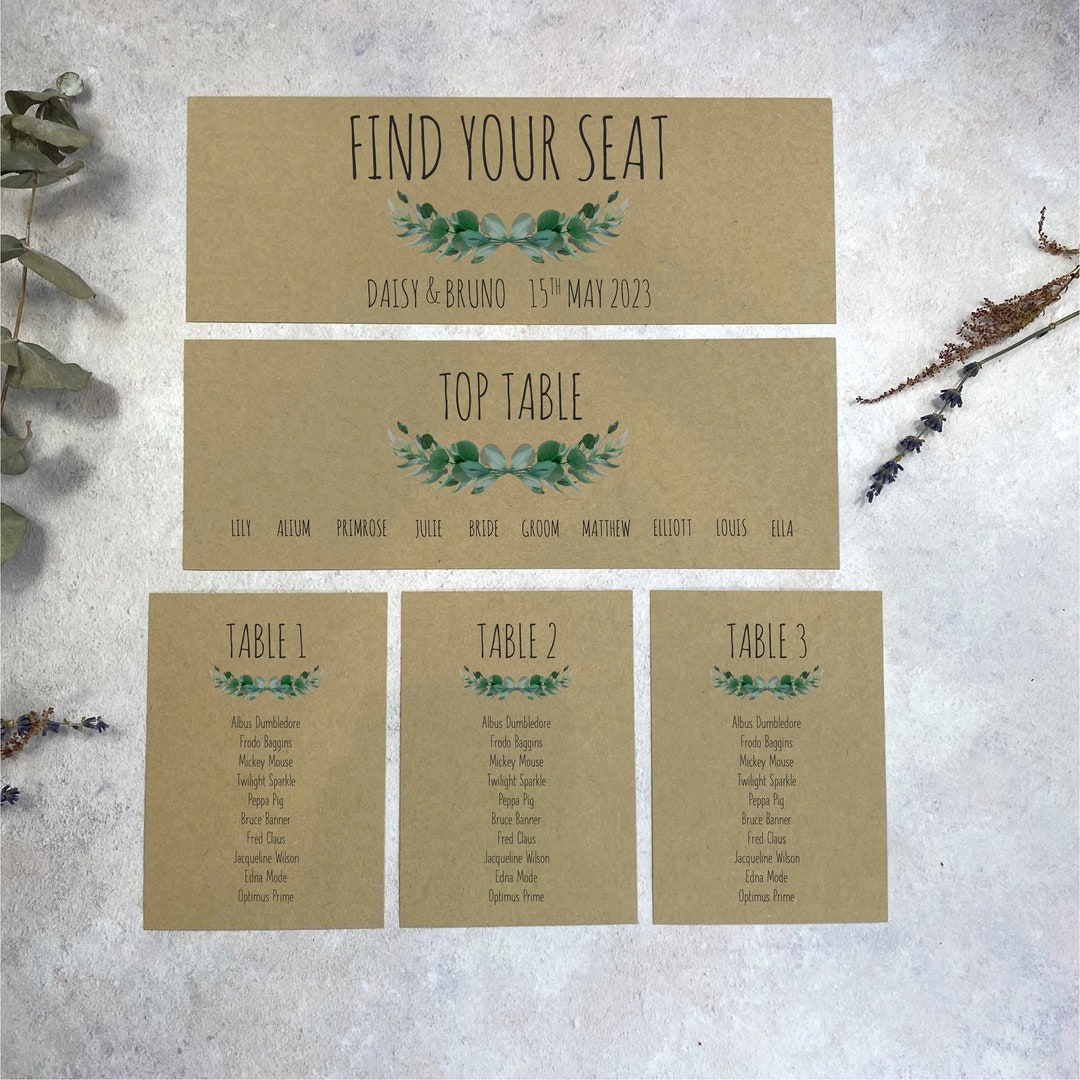 Eucalyptus Wedding Table Plan Cards, Green Foliage Banquet Table Plan ...