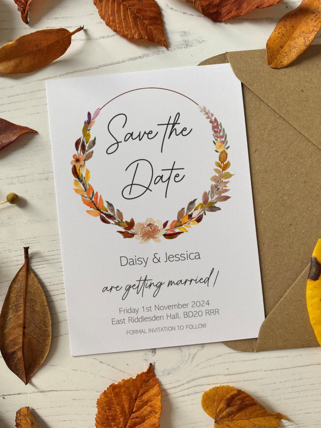 Autumn Wedding Save the Date Invites With Boho Autumnal Foliage With a ...