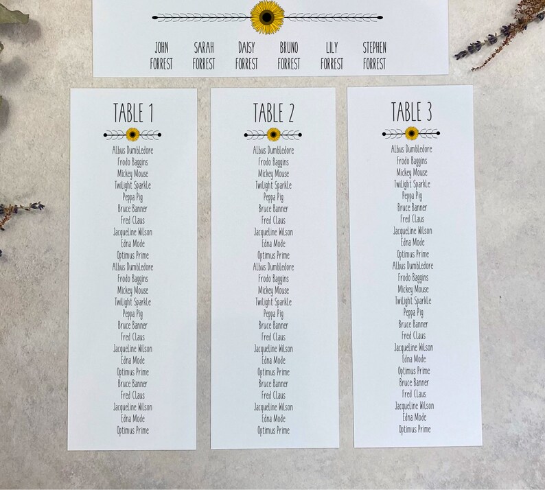 Sunflower Wedding Table Plan Individual Seating Plan Cards - Etsy UK