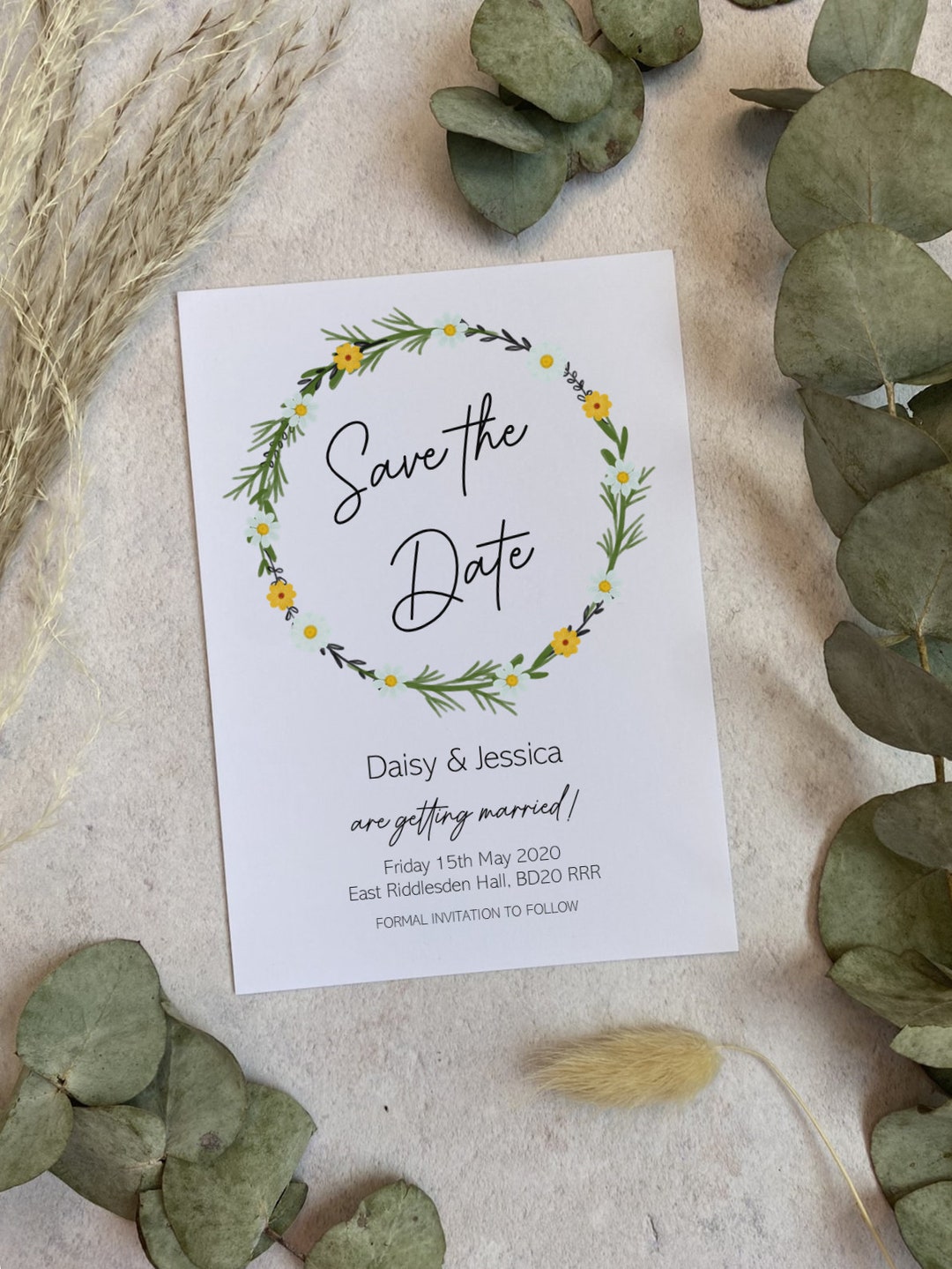 Daisy Save the Date Cards | Pretty Calligraphy Font Save Our Dates ...
