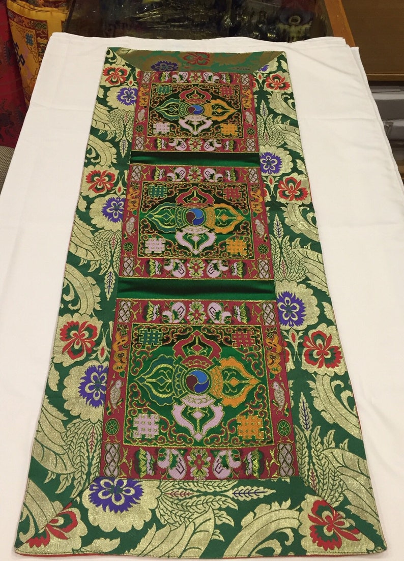 Tibetan Buddhist Green Double Dorje Silk Brocade Table Runner / Shrine ...