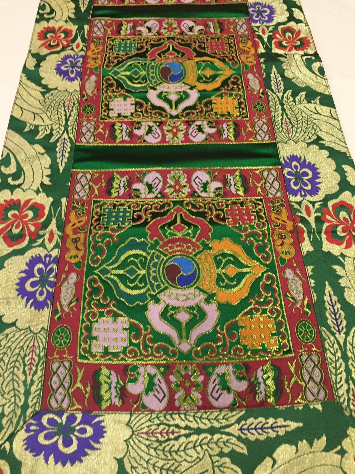 Tibetan Buddhist Green Double Dorje Silk Brocade Table Runner / Shrine ...
