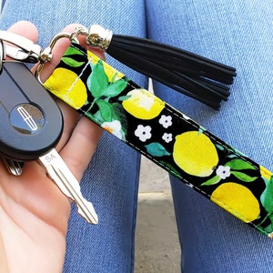 Lemon Keychain Wristlet | Lemon Floral Key Fob | Lemon Floral Lanyard ...